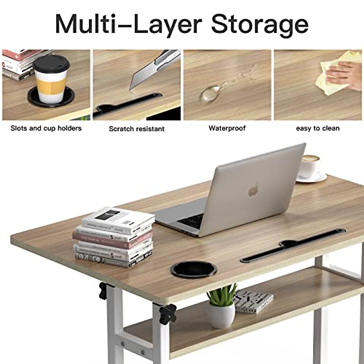fshihine Portable Desk for Sofa and Bed 31.5"x19.5" Height Adjustable Laptop Table with Wheels, Rolling Small Mobile Standing Home Office Workstation for Small Spaces, Student Study Desk with Storage