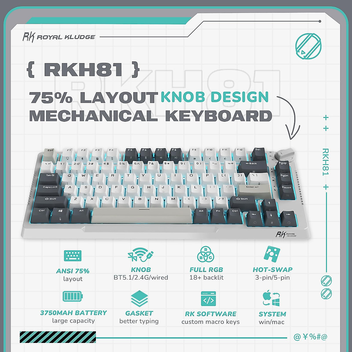 RK ROYAL KLUDGE H81 Hot Swappable Mechanical Keyboard, Triple Mode 2.4Ghz/BT5.1/USB-C Knob Control Wireless Gaming Keyboard Gasket Mounted with RGB Backlit SkyCyan Switch, 75% Layout 81 Keys, White