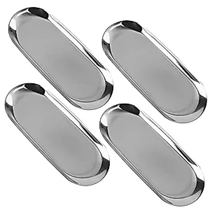 Vilihkc 4 Pack Stainless Steel Towel Tray Metal Storage Organizer Trays Dish Plate for Bathroom Vanity Countertops, Closets, Dressers - Holder for Towels Cosmetics Jewelry and More(Silver)