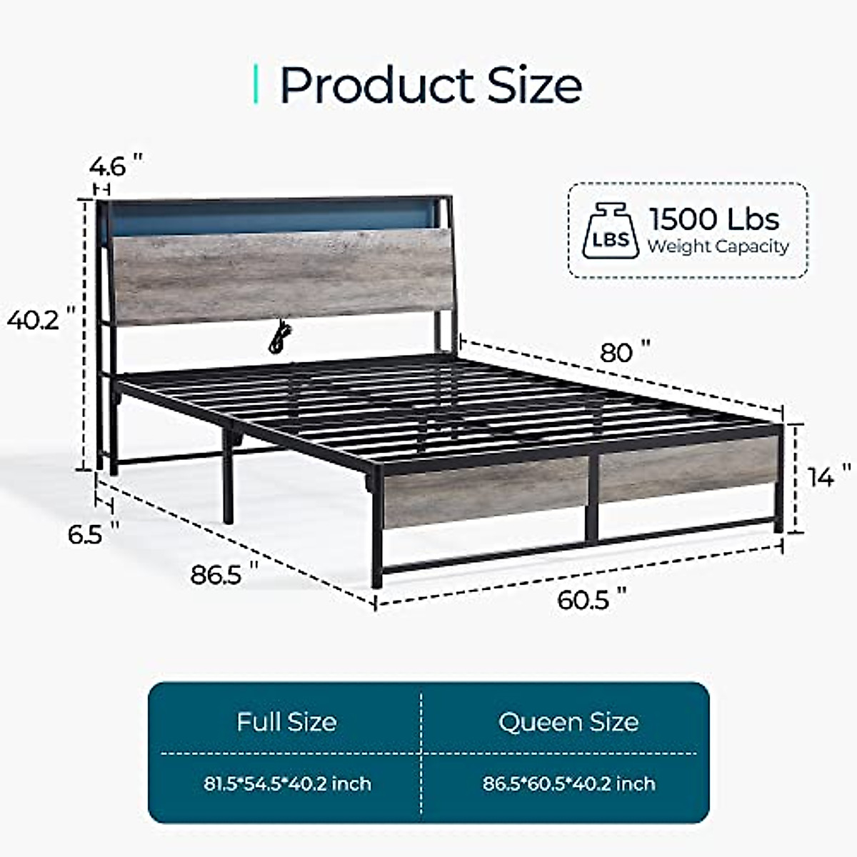 LINSY LIVING Queen Bed Frame with Headboard, Platform Metal Bed Frame with Lights, Outlets & Charger, 45 Minutes Fast Assembly Bed Queen Size with Storage, No Box Spring Needed, Greige