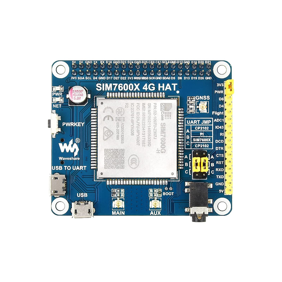 NGW-1Set 2G/3G/4G/GSM/GPRS/GNSS HAT for Raspberry Pi Based on SIM7600G-H Supports LTE CAT4 up to 150Mbps for Downlink Data Transfer