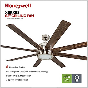 Honeywell Ceiling Fans Xerxes Modern 62 Inch Ceiling Fan with Light, Remote Control Fan, LED Indoor Fan with 8 Blades, French Oak and Gray Oak Blade Finish Options, Brushed Nickel (50608-01)