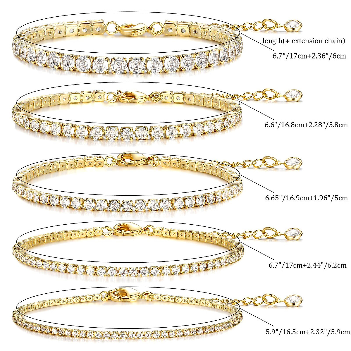5 PCS Gold Bracelets for Women Teen Girls, 14K Real Gold Plated Adjustable Cubic Zirconia Dainty Tennis Anklet Bracelets Pack, Classic Bracelets Aesthetic Jewelry for Gift