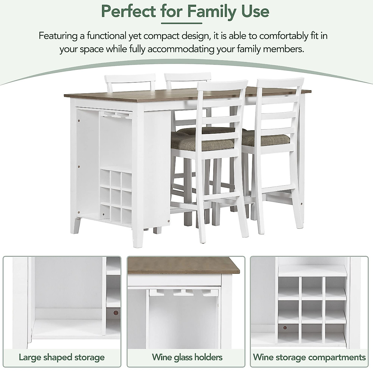 5-Piece Rustic Dining Table Set, Rubber Wood Counter Height Table with 4 Padded Chairs and Integrated 9 Bar Wine Compartment, Wineglass Holdersc for Dining Room Kitchen (Brown + White Wash-04)