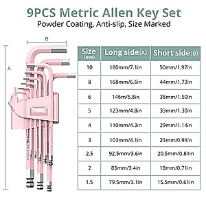 COLFULINE 9 PCS PINK Allen Key Set, Long Ball End Hex Key Set, Cr-V Allen Wrench Set for Women, Size 1.5-10mm with Colour-Coding for Best Gifts and Home Repair