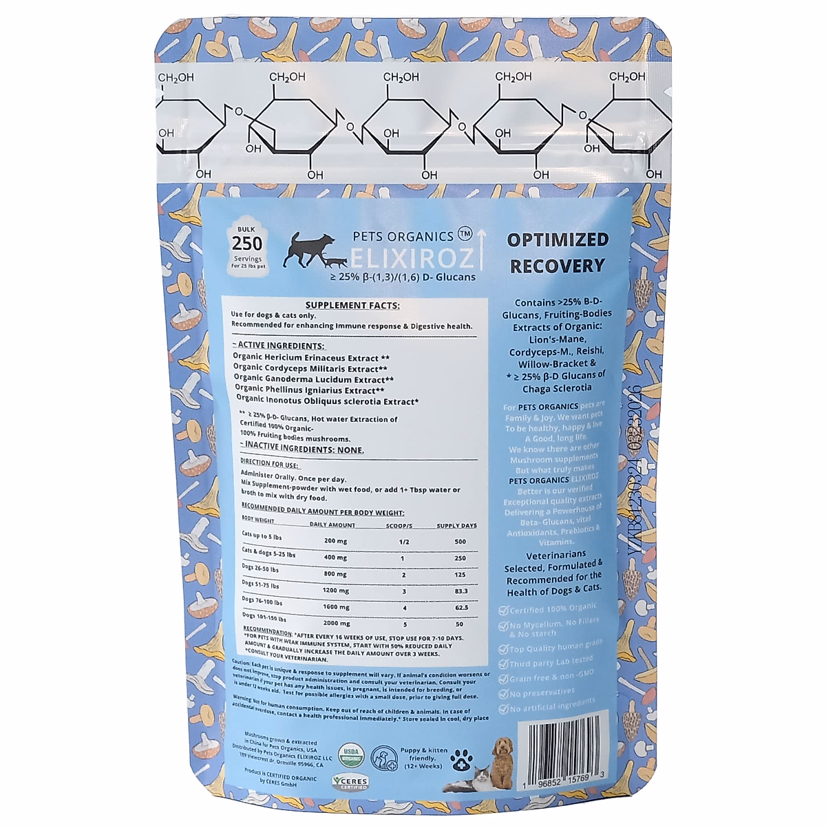 OPTIMIZED RECOVERY Lion's Mane & Cordyceps >25% & >35% β-glucans 100% Mushrooms Fruiting bodies Extracts Blend for Dogs & Cats. Recovery Aid, Healing & Senior Pet Health Formula. 250 SERVINGS for 25lb