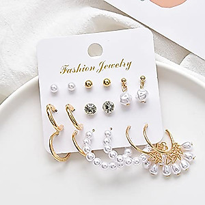56 Pairs Earrings Sets for Women Pearl Hoop Earring Assorted Multiple Stud Earrings Set Simple Cute Jewelry (#1)