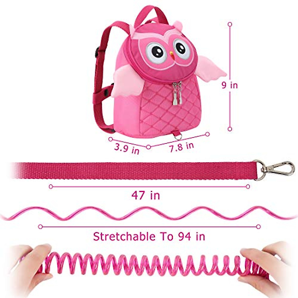 JIANBAO Owl Toddler Backpacks with Leashes Anti Lost Wrist Link for 1.5 to 3 Years Kids Girls Boys Safety (Owl, Pink)
