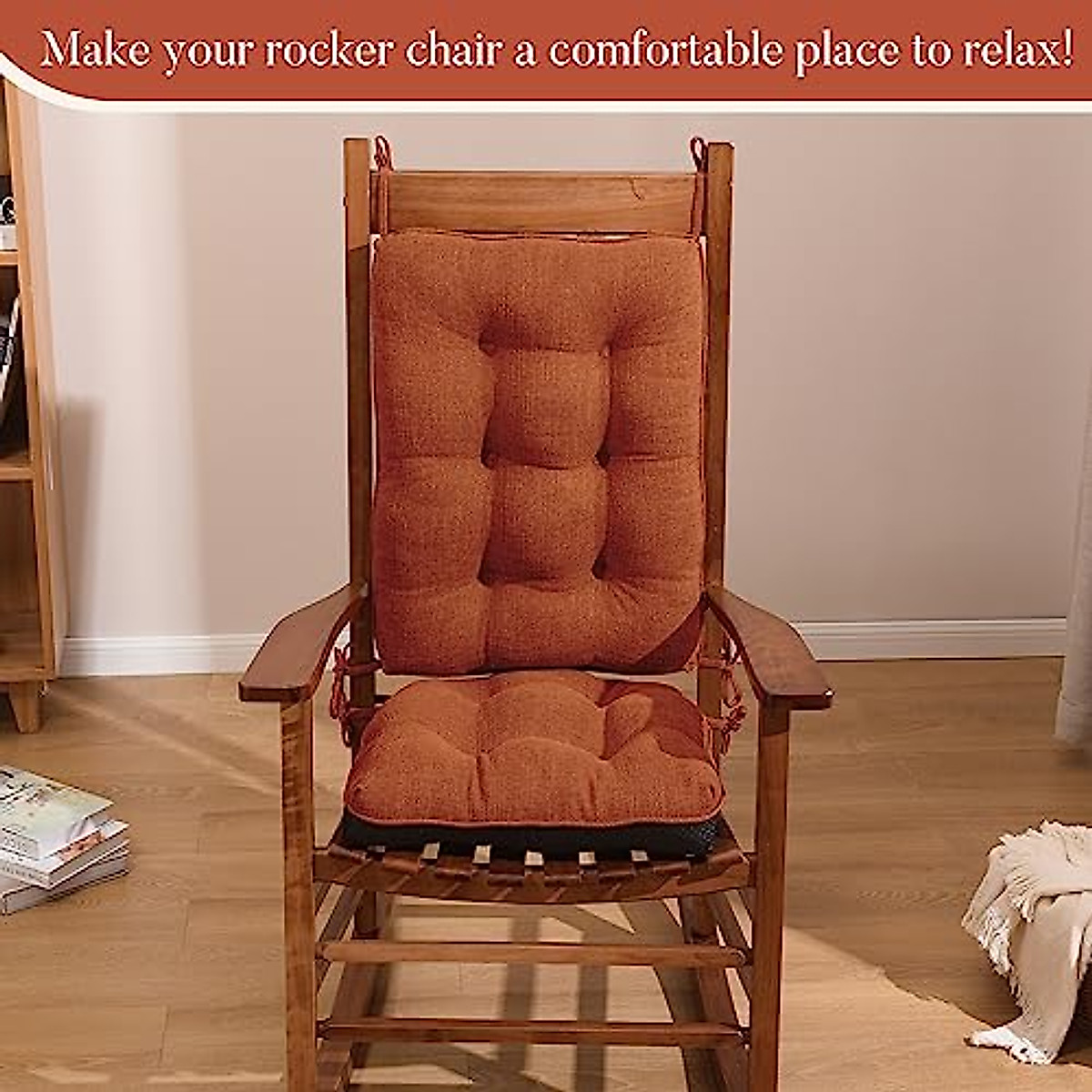 Basic Beyond Rocking Chair Cushions Set of 2, Porch Rocker Cushions for Wooden Rocking Chairs Outdoor with Thick Padding, Back Cushion with Ties, Tufted Seat Cushion with Non-Slip Backing(Rust)