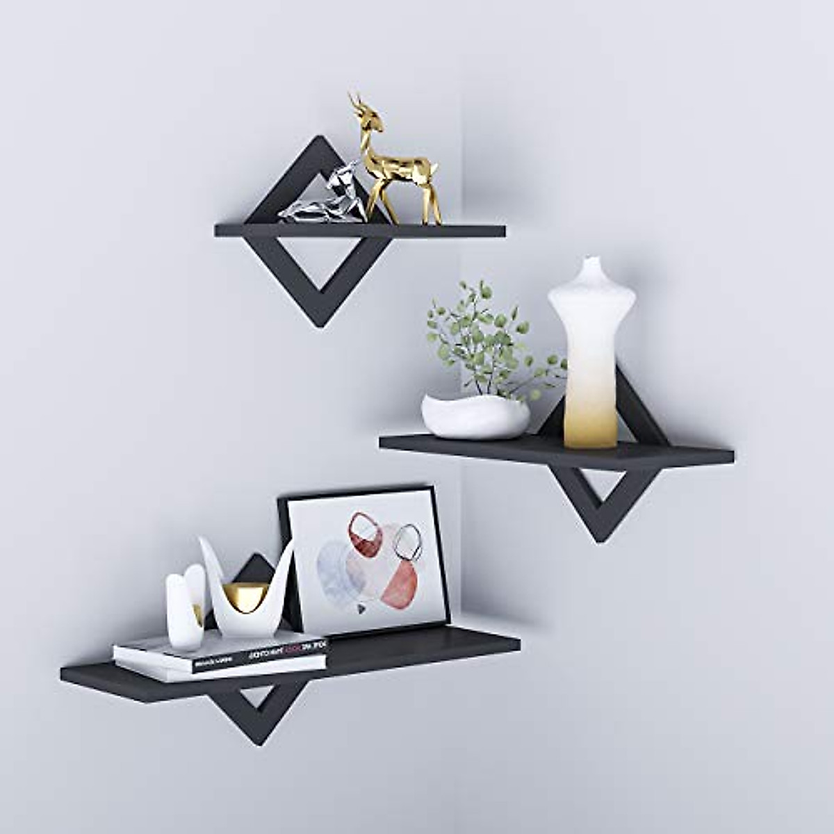 piorlado Black Floating Shelves for Wall, Wall Shelves Set of 3, Wall Mounted Shelves for Bedroom, Hallway, Office, Living Room