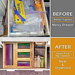 UNIQUE PIVOTT Ziplock Bag Organizer, Baggie Organizer, Ziplock Organizer for Drawer, Plastic Bag Organizer, Sandwich Bag Organizer for Drawer, Bamboo Drawer Organizer.