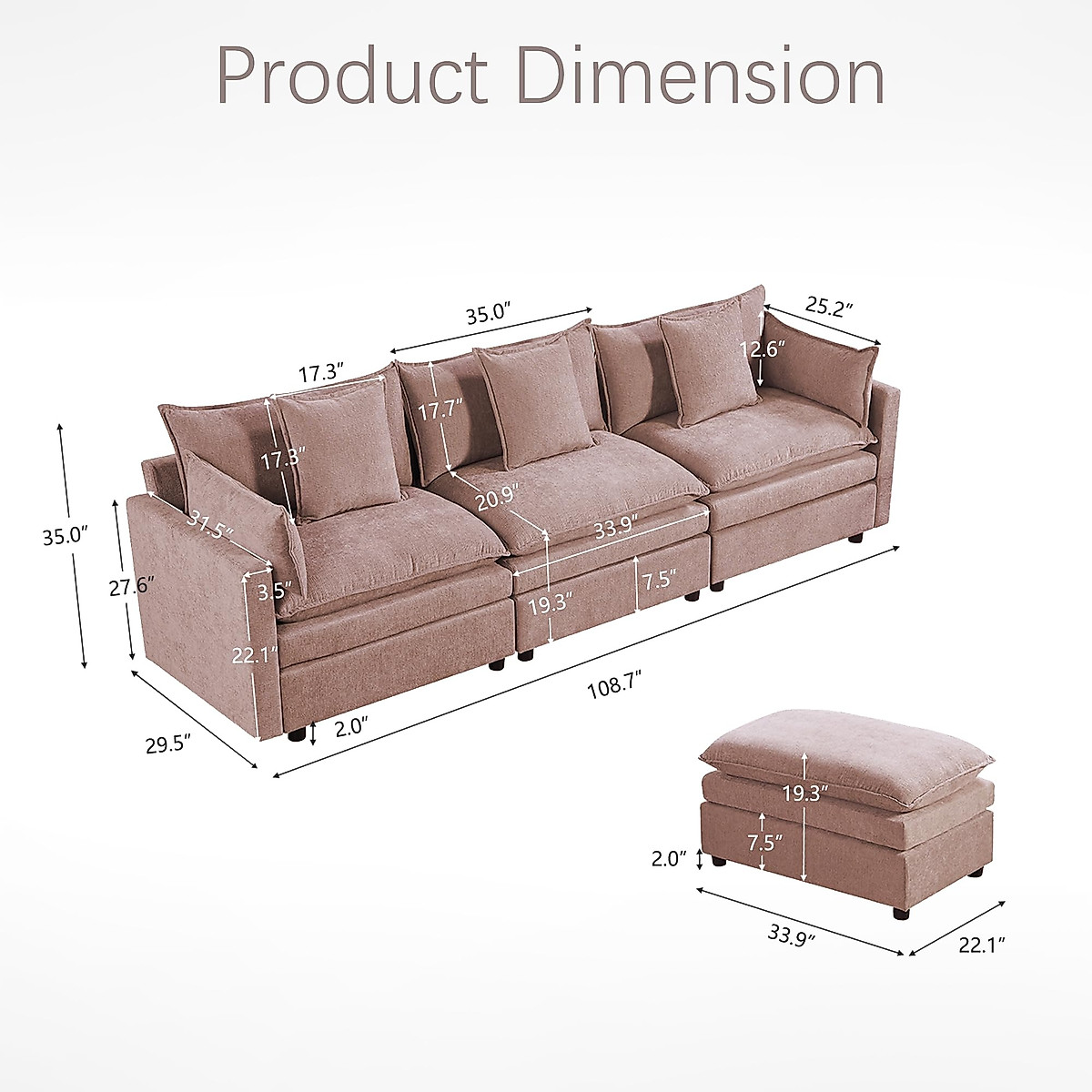 Oversized Modular Sectional Sofa with Ottoman, 108.66" Wide Chenille Cloud Couch, Comfy Upholstered Furniture Sofa Set for Living Room, Apartment, Studio, Office-Shell Pink