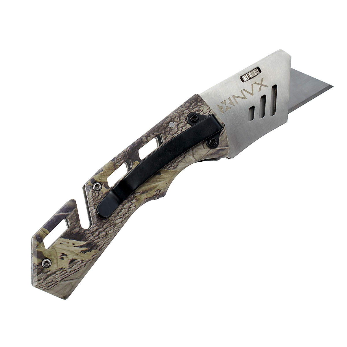 NVX VKN2GC Folding Pocket Utility Knife, Quick-Change Camo Box Cutter with Blade Storage Compartment Hidden in Lightweight Aluminum Handle