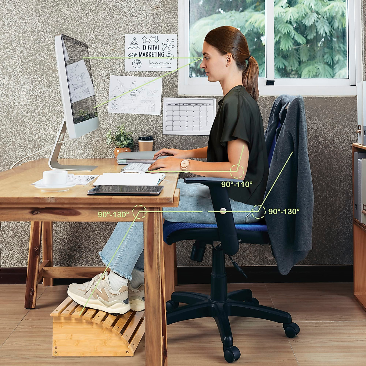 TranquilUp Bamboo Footrest under Desk, Foot Massager - Wide Surface - Anti-slip Bottom - Ergonomic - Barefoot Friendly - Suitable for Office, Home, Washroom, Help Improve Posture - Pain Relief