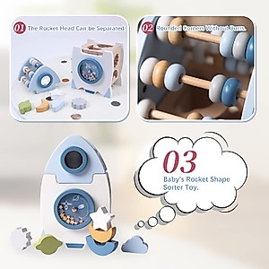 Smartwo Wooden Space Toy for Baby 1 Year Old, Montessori Toy for Babies 12-18 Months, Toddler Rocket Toy Age 1-3, Sensory Activity Cube Learning Toy, 1st Birthday Gift for Boys and Girls