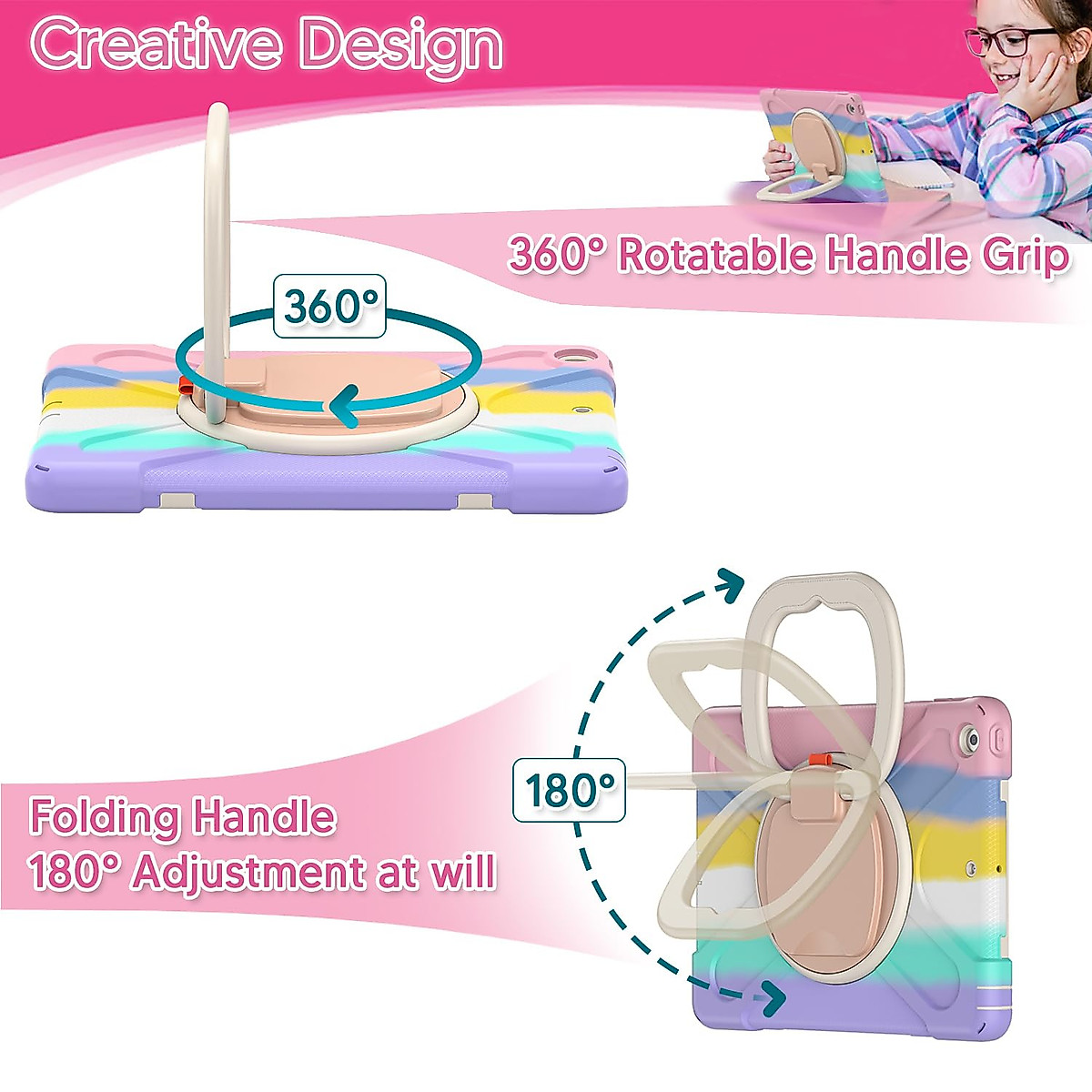 LX-SUNCX for iPad 10.2 Case 9th Generation 2021 / 8th Gen 2020 / 7th 2019,Shockproof Kids Case with Screen Protector,Rotating Stand/Pencil Holder/Shoulder Strap for iPad 10.2 Inch - Colourful Pink