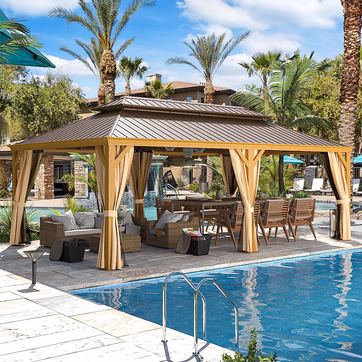 EROMMY 14'x22' Hardtop Gazebo, Galvanized Steel Double Roof with Wood Grain Aluminum Frame, Outdoor Gazebo with Curtains and Nettings for Patio, Backyard and Deck