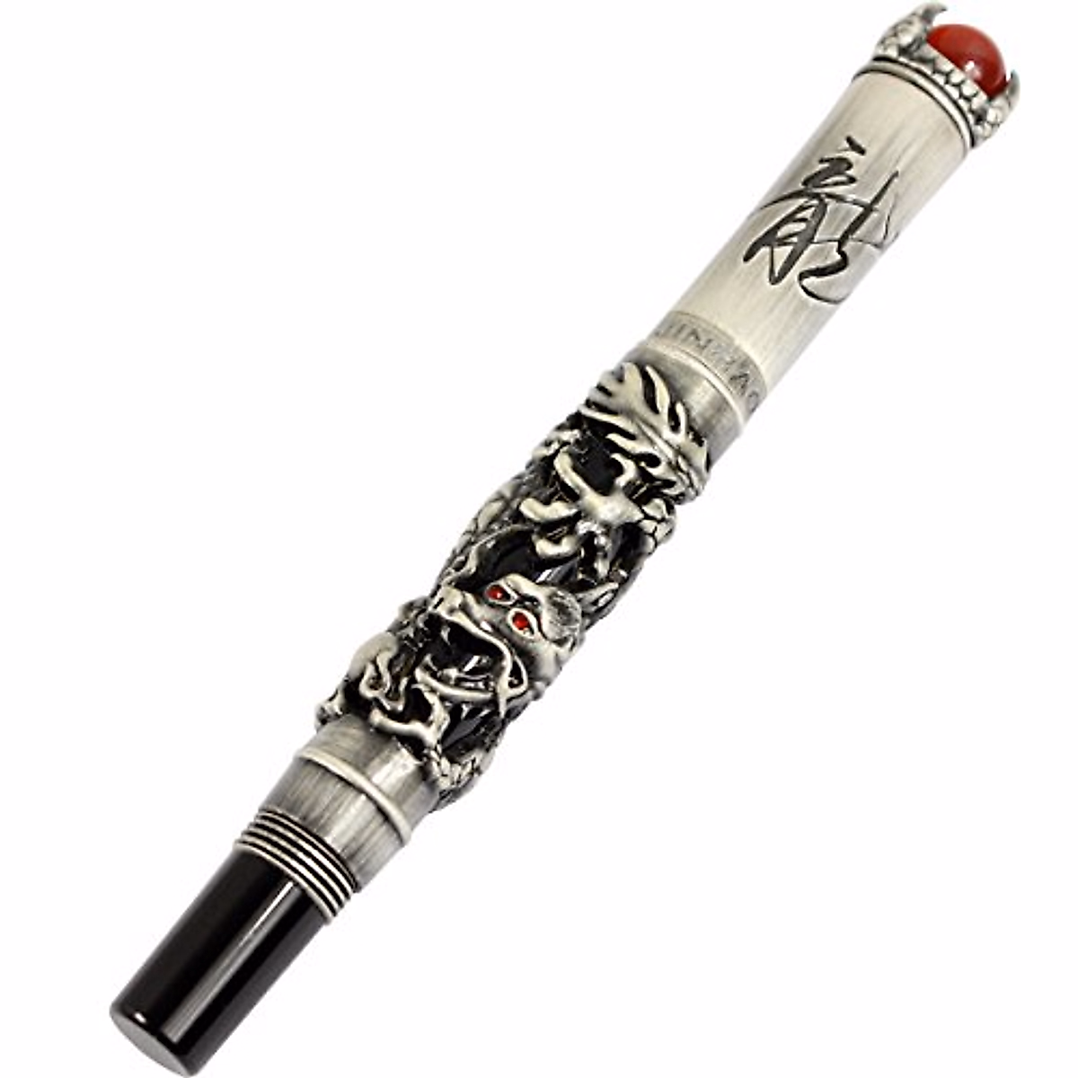 Gullor JinHao Antique Silver Dragon Style 3D Carved Fountain Pen With Red Pearl, Medium Nib, Black