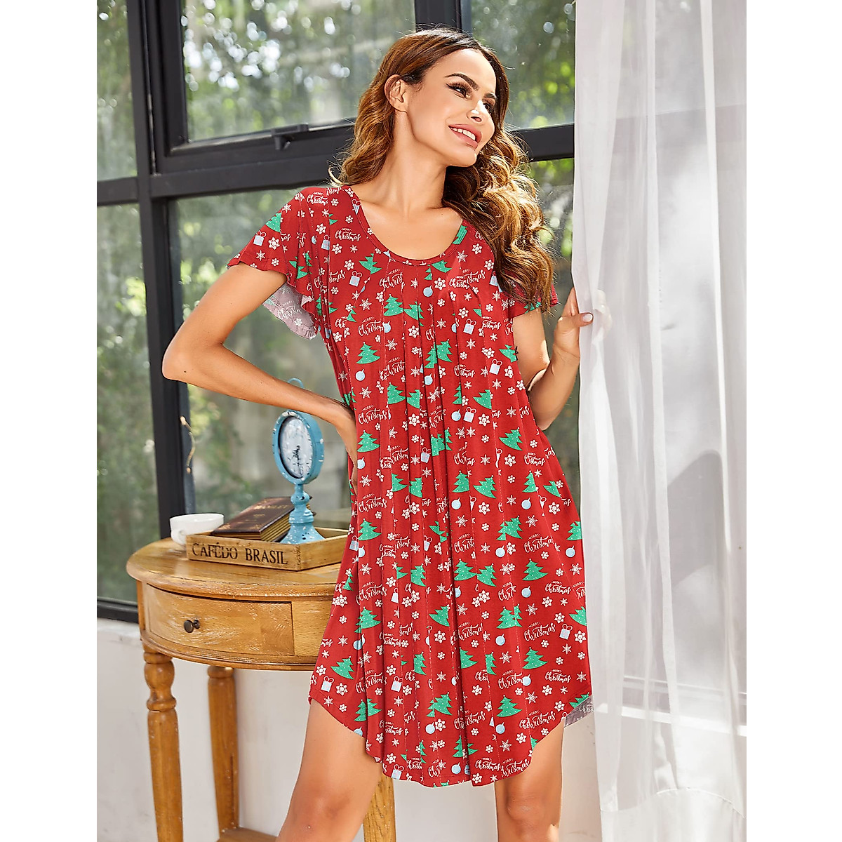 Ekouaer Womens Nightgown Soft Sleepwear Pleated Sleepshirt Sleep Dress Short Sleeve Nightdress Christmas L