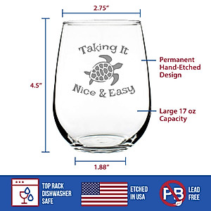 Taking It Nice & Easy - Sea Turtle Stemless Wine Glass - Large Glassware - Unique Funny Etched Turtles Gift Glasses