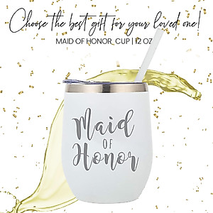 Your Dream Party Shop Maid of Honor Gifts Tumbler Cup, White Powder Coated Stainless Steel 12oz Stemless Proposal Wine Glass Maid of Honor Cup, Bridesmaid Tumblers (Maid of Honor)