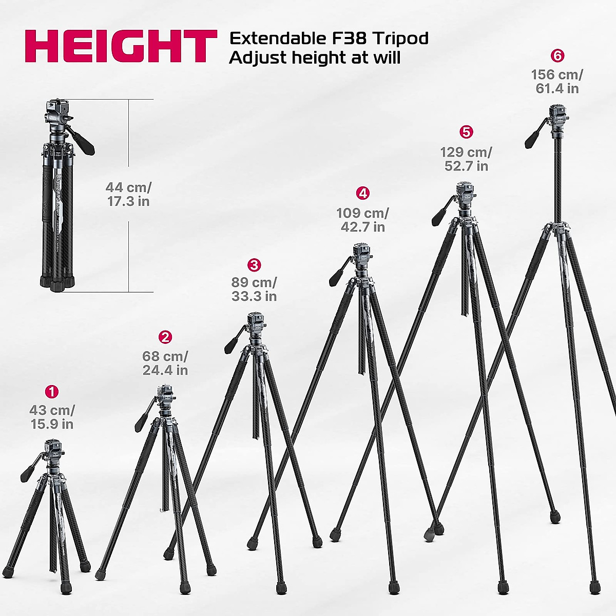 ULANZI F38 Video Travel Tripod, 61.4" Lightweight Carbon Fiber Camera Tripod with Quick Release 1/4" Screw & Video Head, for Most Cameras/DSLR/Projector, Weight 2.38lbs, Maxload 22lbs