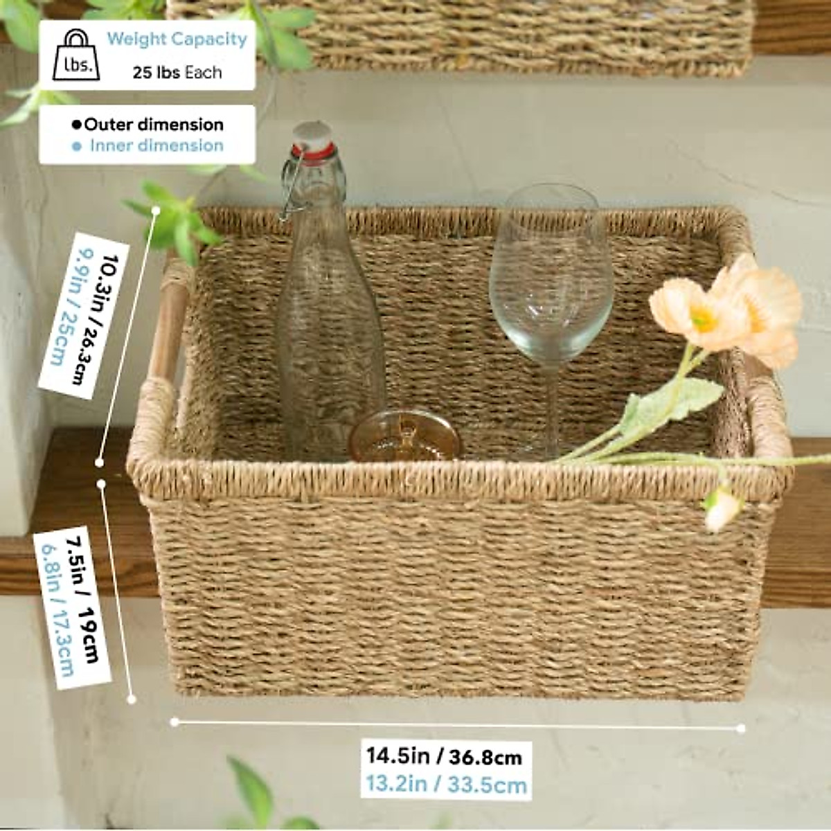 Large Wicker Storage Basket with Wooden Handles, Seagrass Baskets for Shelves, Natural Basket With Handle, Wicker Baskets for Storage 14.5 x 10.3 x 7.5 inches