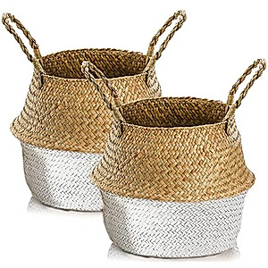 Yesland 2 Pcs Seagrass Plant Basket - Woven Picnic Basket with Handles - Ideal Belly Basket for Storage Plant Pot Basket, Laundry, Picnic, Plant Pot Cover, Beach Bag and Grocery Basket (L)