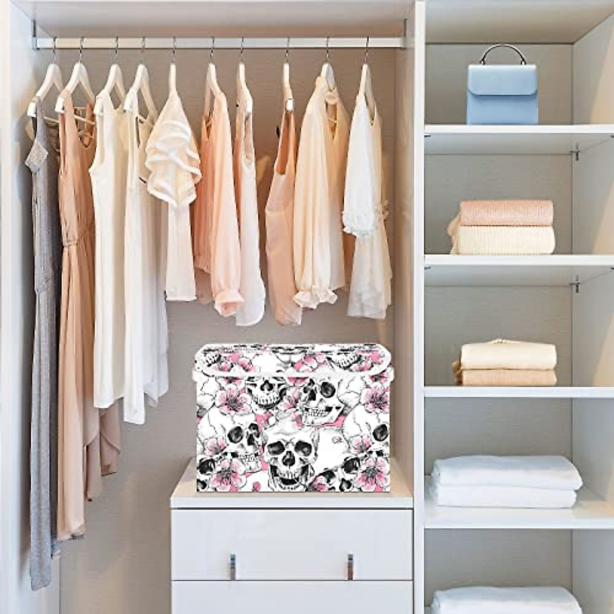 CaTaKu Skull Pink Cherry Storage Bins with Lids and Handles, Fabric Large Storage Container Cube Basket with Lid Decorative Storage Boxes for Organizing Clothes