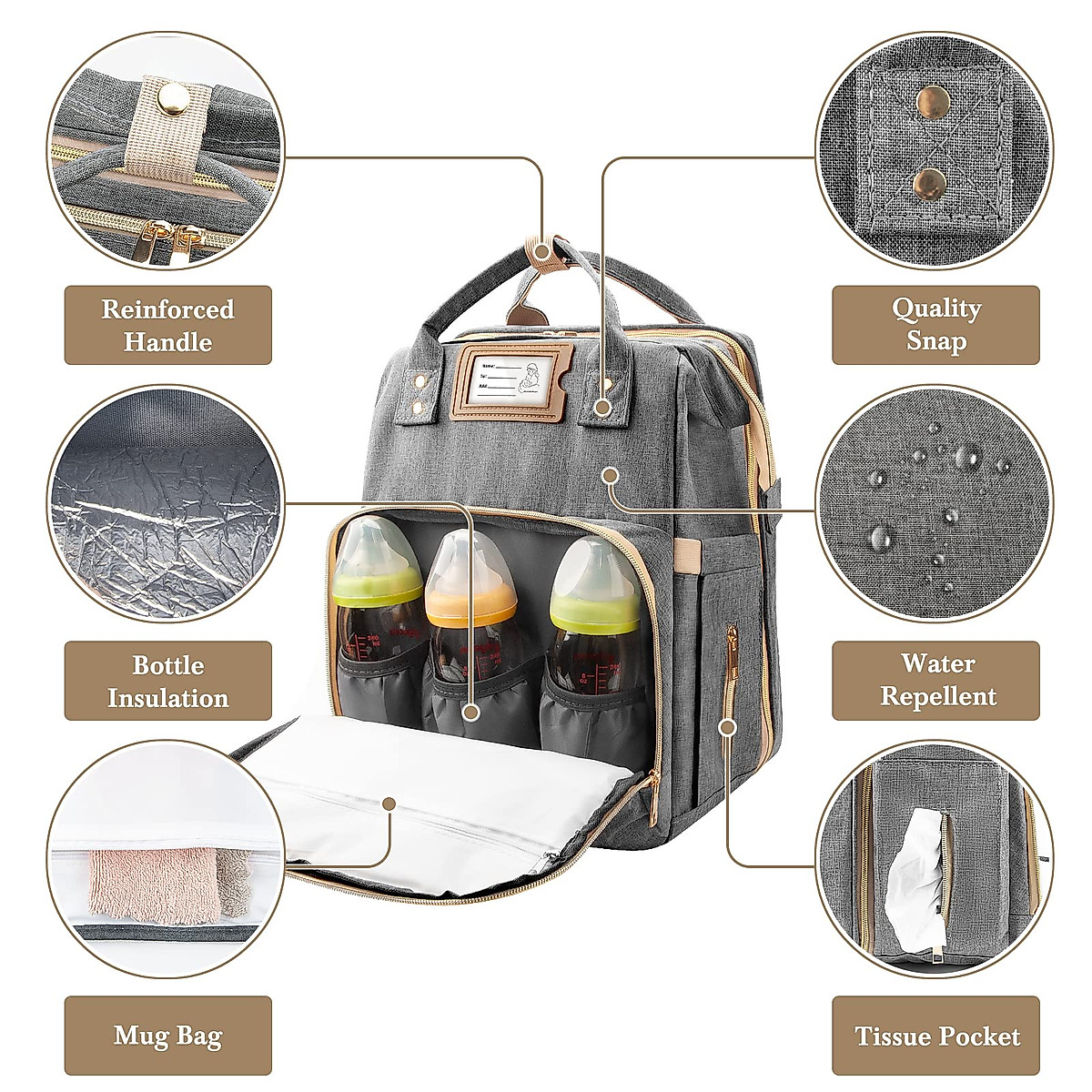 DAVFUN Diaper Bag Backpack with Changing Station, Portable Foldable Baby Bags for Boys, Large Capacity Waterproof Travel Bags with Changing Pad and Stroller Straps for Mom Dad (Grey)