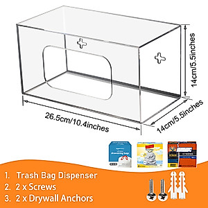 SEANADO Trash Bag Dispenser Roll Holder, Wall Mount Acrylic Kitchen Organizer Storage Box Holder for Garbage Bag Grocery Bag Plastic Shopping Bag Roll Container (10.4 x 5.5 x 5.5 inches)