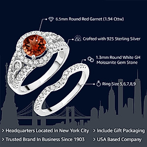 Gem Stone King 925 Sterling Silver Red Garnet and Moissanite Wedding Engagement Ring Band Bridal Set For Women (1.94 Cttw, Gemstone Birthstone, Available In Size 5, 6, 7, 8, 9)