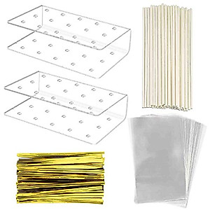 Yookat 2 Pack Acrylic Lollipop Holder Acrylic Cake Pop Stand 50PCS Clear Treats Bags 50PCS Lollipop Sticks and 50PCS Gold Metallic Twist Ties for Candy Cake Pop Sticks Making Tools