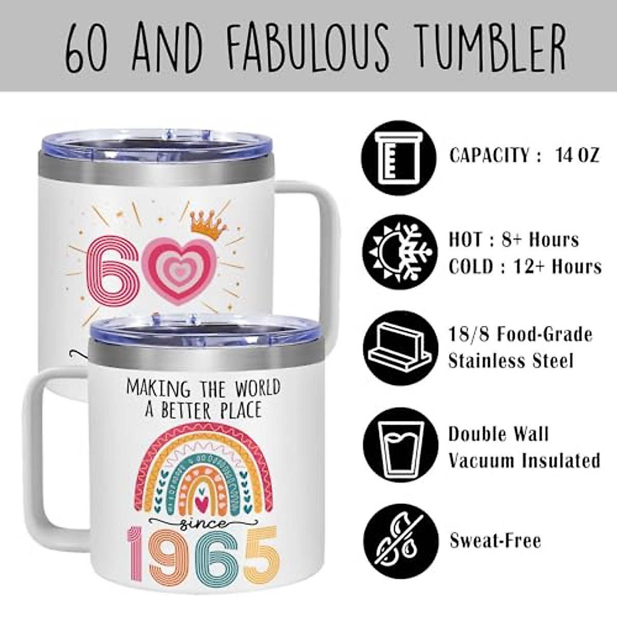 60Th Birthday 14 Oz Tumbler For Women, 60 And Fabulous Cup, 1965 Birthday Decorations - Sixty Years Old Gifts For Lady, Mom, Aunt, Grandma, Wife - Funny 60-Year-Old Gift & Birthday Decoration