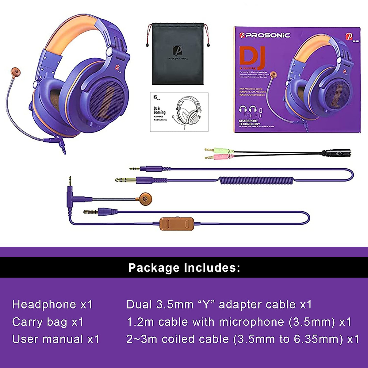 Prosonic DJ2XG Headsets with Boom Mic, Wired Over Ear Headphones for Business Meeting, Skype Zoom, PC Gaming,PS4, Xbox One, Discord, Podcast, Headset with SharePort & Volume Control (Blue)