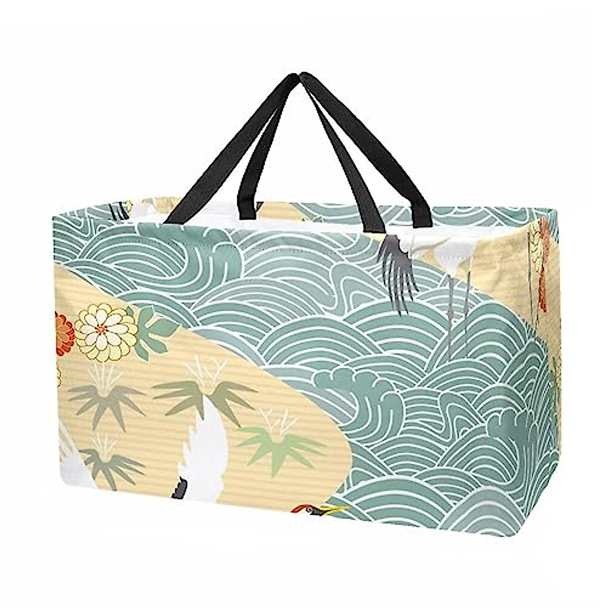 KQNZT Reusable Grocery Bags, Heavy Duty Reusable Shopping Bags, Large Tote Bags with Long Handles and Reinforced Bottom, Japanese Style Wave Crane