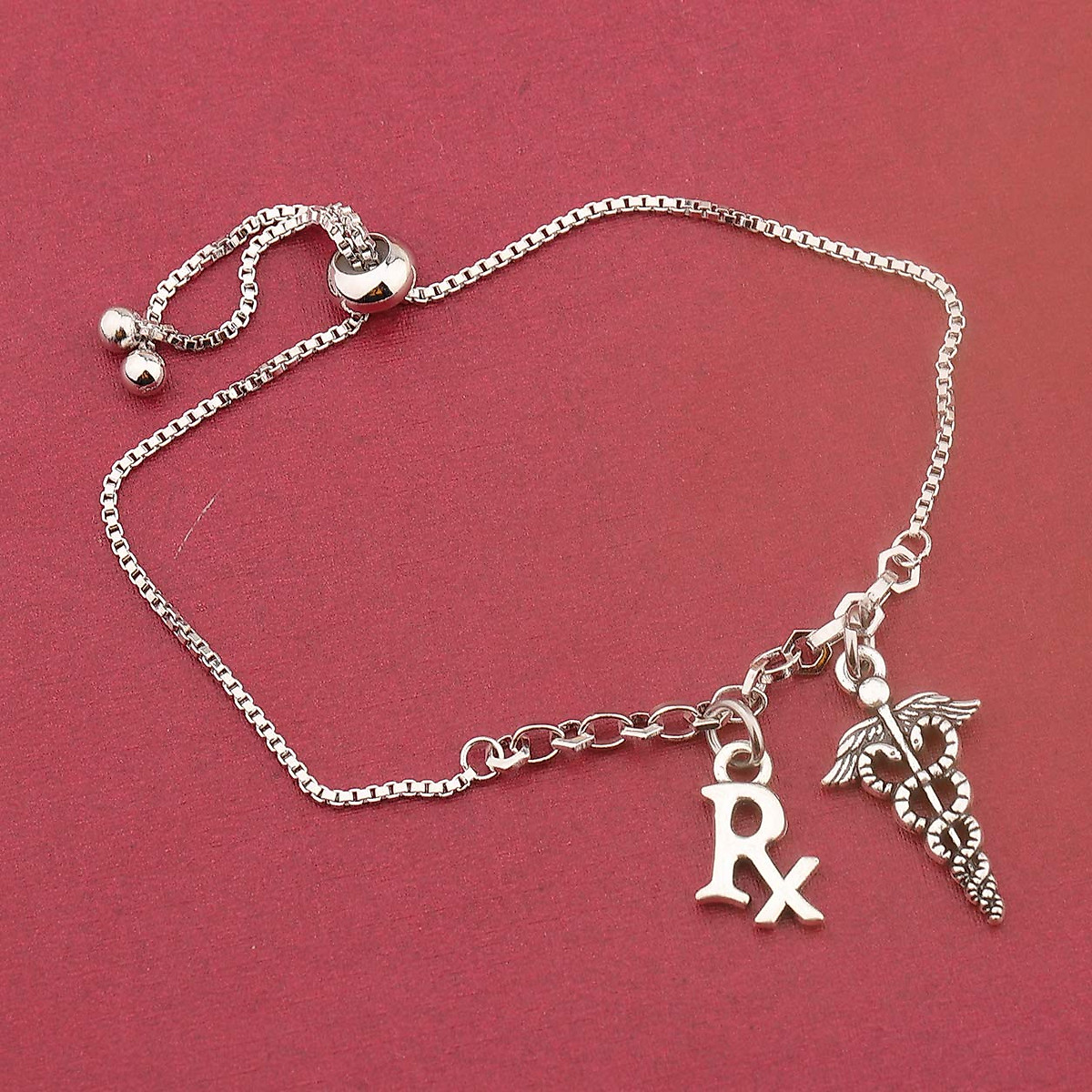 QIIER Pharmacist Gift RX Bracelet RX Symbol Pharmacy Charm Slider Bracelet Pharmacy Technician Jewelry Pharmacy Student Graduation Gift (silver)