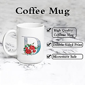 Monogram Letter D Coffee Mug Watercolor Blue Letter Rose Flower Funny Coffee Mugs Alphabet Letters Drinking Cups Drinking Cups with Handle Retirement Gifts For Mom Dad Grandma Grandpa Women Men 15oz