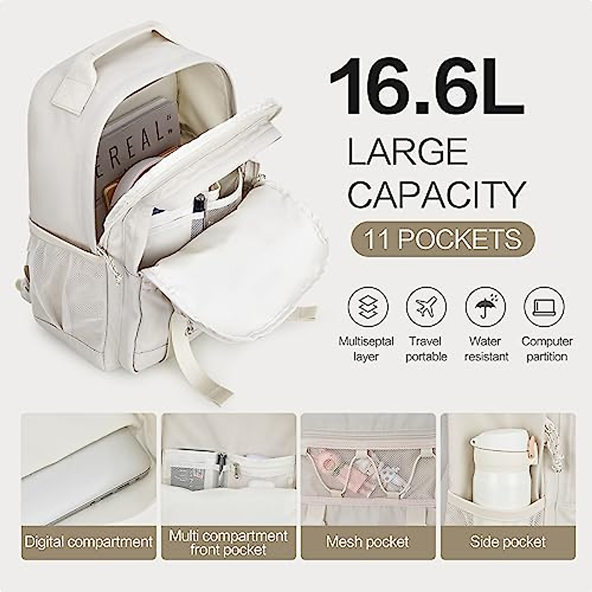 OIWAS Travel Backpack for Women, 15.6 Inch Laptop Bag Unisex 24L Fashion Bag Casual Daypack Large Capacity Computer Backpacks for Work Outdoor Hiking (Off white)