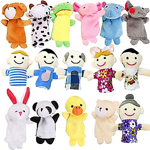 16Pcs Finger Puppets Set,10 Animal Finger Puppets + 6 People Finger Family Members,Cloth Velvet Puppets for Kids,Finger Puppets for Toddlers,Educational,Story Time Toys