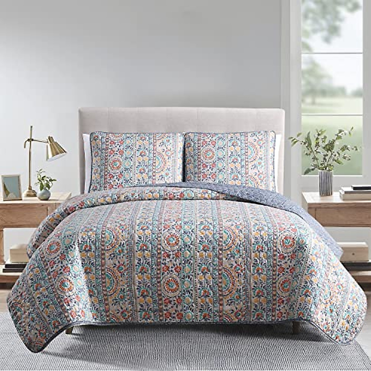 DREAMCLOUD HOME Bohemian Quilt Set Full Queen Size 3 Piece, Cosima Striped Pattern Printed Bedding Coverlet Set, Lightweight Soft Reversible Bedspread Sets for All Season (1 Quilt & 2 Pillow Shams)