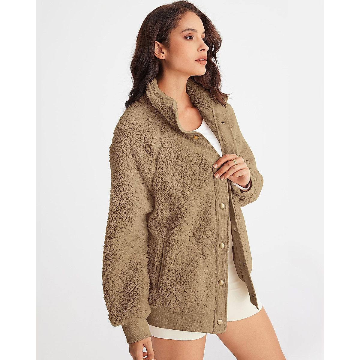 MEROKEETY Women's 2024 Winter Long Sleeve Button Sherpa Jacket Coat Casual Warm Fleece