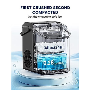 Kndko Nugget Ice Maker Countertop,34lbs/Day,Portable Crushed Ice Machine,Self Cleaning with One-Click Design & Removable Top Cover,Soft Chewable Pebble Ice Maker for Home Bar Camping RV,Black Basic