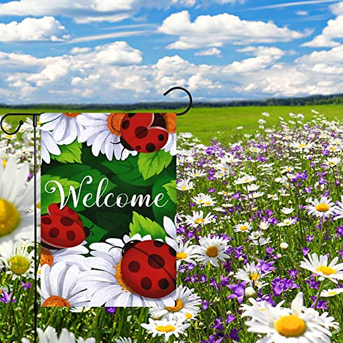 Welcome Spring Garden Flag 12x18 Double Sided Burlap Vertical Spring Yard Flags The Beatles Floral Banner for Seasonal Summer Outdoor Farmhouse Decoration(ONLY FLAG)