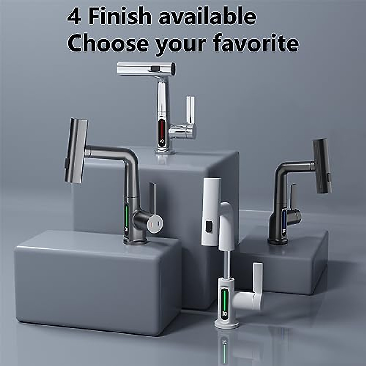 BARROCK Waterfall Bathroom Faucets with Pull Down Sprayer, Modern Pull Out Bathroom Sink Faucet with Digital Temperature Display, Height Adjustable Basin Mixer Tap No Battery Needed, Gun Grey