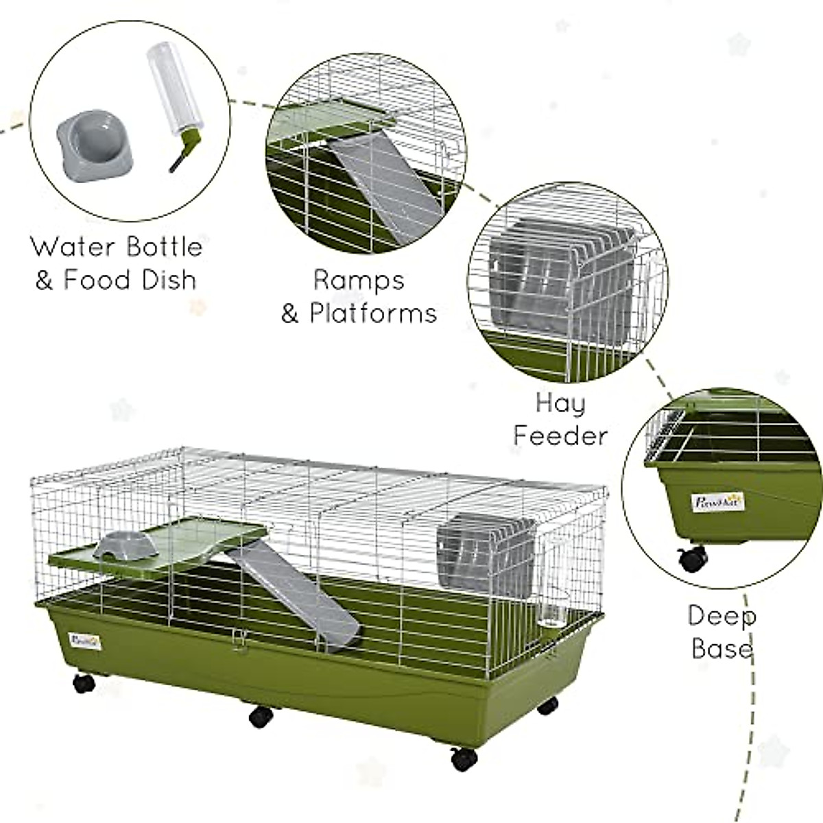 PawHut 47" Small Animal Cage Chinchilla Guinea Pig Hutch Ferret Pet House with Platform Ramp, Food Dish, Wheels, & Water Bottle