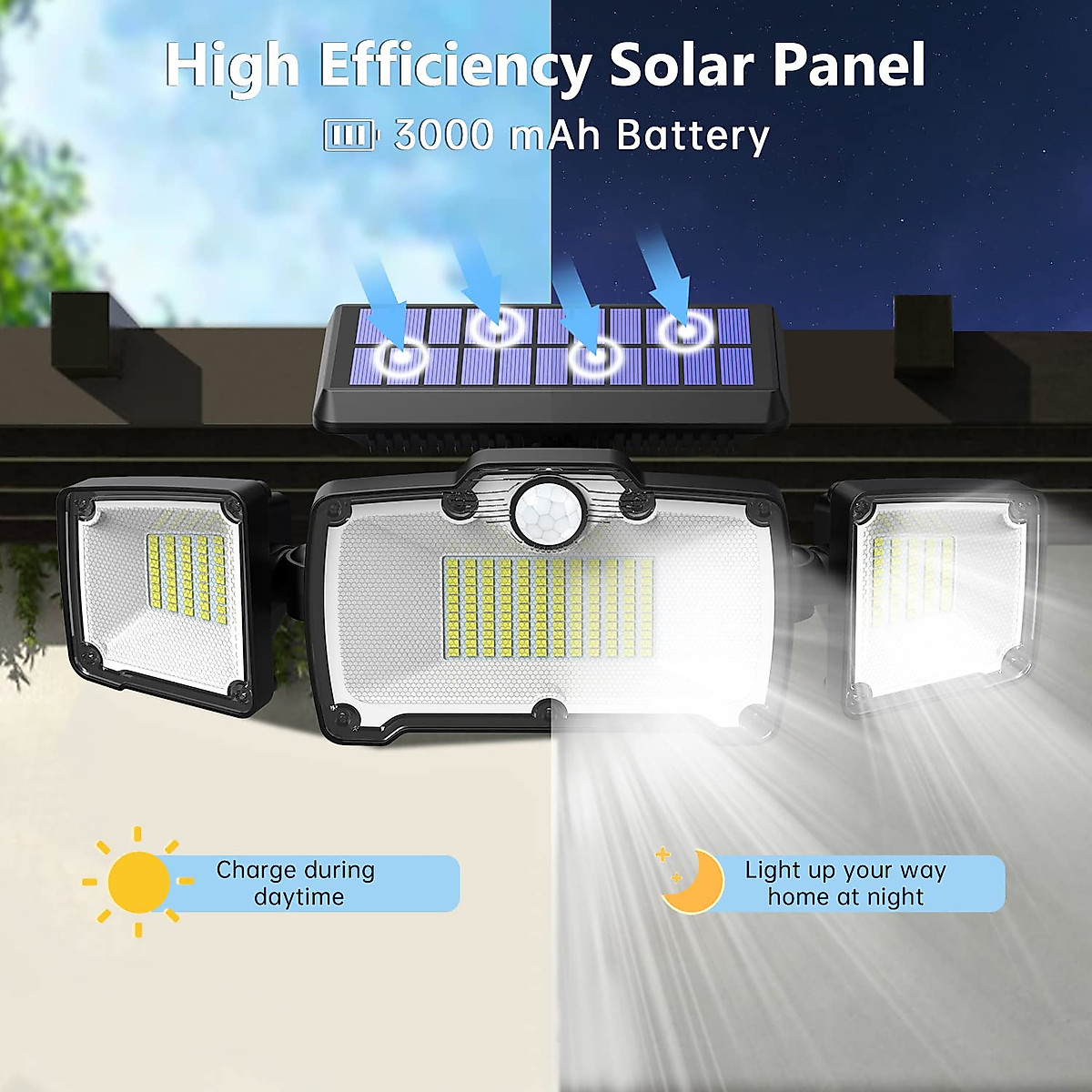 BAILABA Solar Outdoor Lights, 218 LED 2800LM Flood Lights with Remote Control, 3 Heads Solar Security Outdoor Lights, IP67 Waterproof, 270° Wide Angle Illumination Motion Sensor Lights with 3 Modes