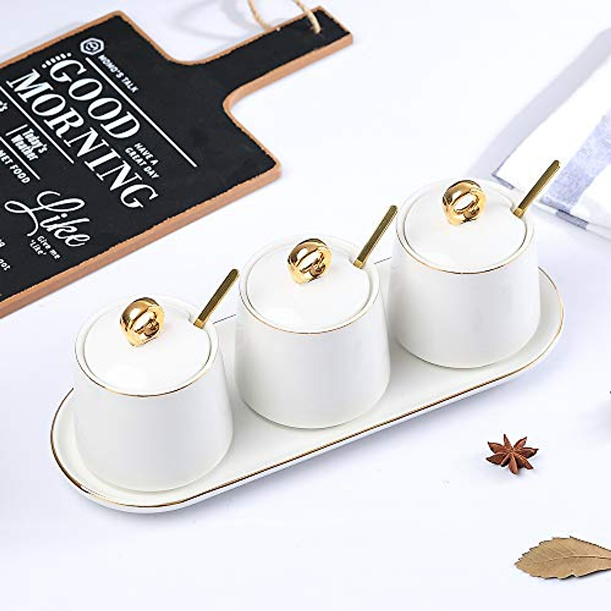 White Ceramic Sugar Bowls Condiment Pots Spice Jars Seasoning Box Set with Lid Spoon and Tray-Sets of 3
