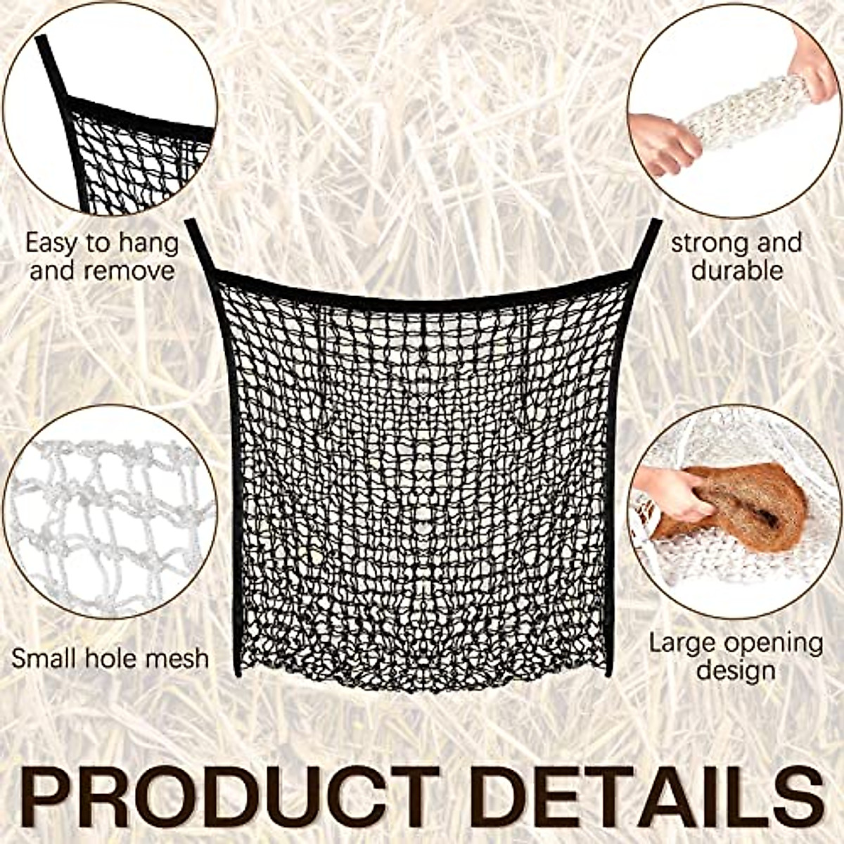 2 Pcs Slow Feed Hay Net Hay Feeder Hay Bags for Horses Goat Stall Trailer Horse Feeding Supplies (Black,35 x 31 Inch)