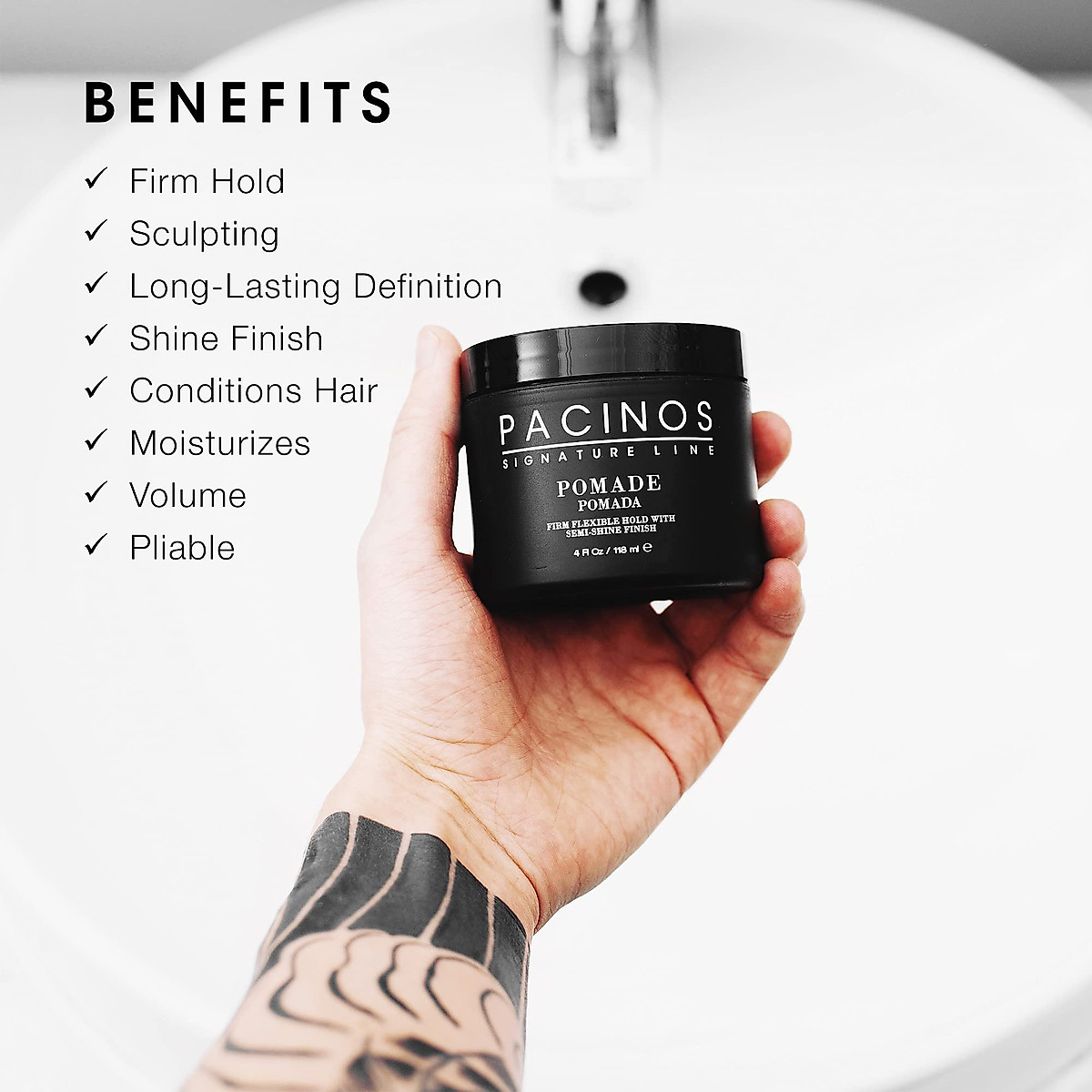 Pacinos Pomade - Flexible Hold, Frizz Control - High Shine Pomade for All Hair Types - 4oz